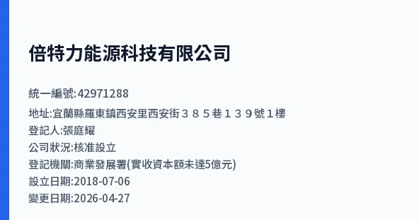 倍特力能源科技有限公司的照片-統編 42971288(宜蘭縣) 公司登記資料與營業項目詳細圖表
