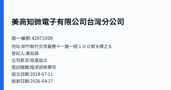 美商知微電子有限公司台灣分公司的照片-統編 42973309(新竹縣) 公司登記資料與營業項目詳細圖表