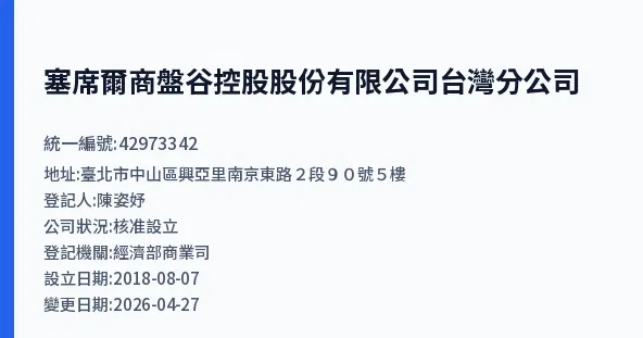 塞席爾商盤谷控股股份有限公司台灣分公司的照片-統編 42973342(臺北市) 公司登記資料與營業項目詳細圖表