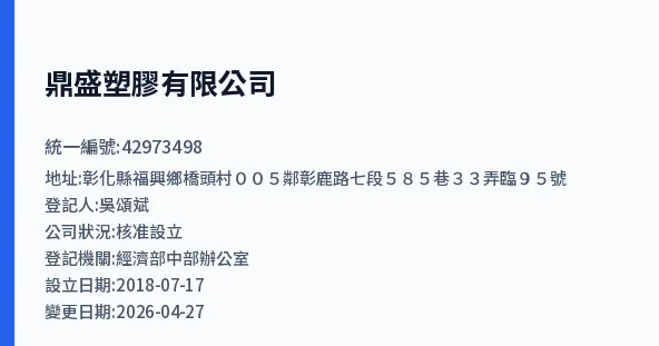 鼎盛塑膠有限公司的照片-統編 42973498(彰化縣) 公司登記資料與營業項目詳細圖表