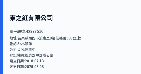 東之紅有限公司的照片-統編 42973510(苗栗縣) 公司登記資料與營業項目詳細圖表