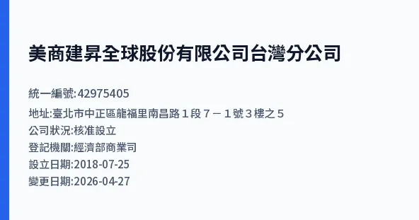 美商建昇全球股份有限公司台灣分公司的照片-統編 42975405(臺北市) 公司登記資料與營業項目詳細圖表