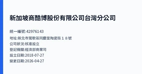 新加坡商酷博股份有限公司台灣分公司的照片-統編 42976143(新北市) 公司登記資料與營業項目詳細圖表