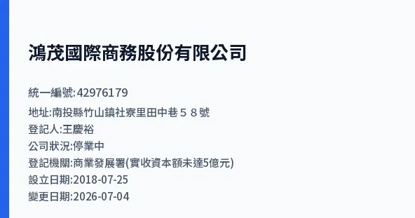 鴻茂國際商務股份有限公司的照片-統編 42976179(南投縣) 公司登記資料與營業項目詳細圖表