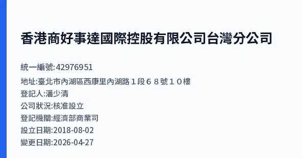 香港商好事達國際控股有限公司台灣分公司的照片-統編 42976951(臺北市) 公司登記資料與營業項目詳細圖表