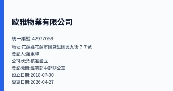 歐雅物業有限公司的照片-統編 42977059(花蓮縣) 公司登記資料與營業項目詳細圖表