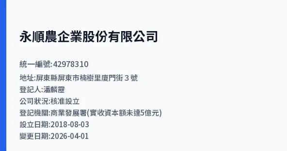 永順農企業股份有限公司的照片-統編 42978310(屏東縣) 公司登記資料與營業項目詳細圖表
