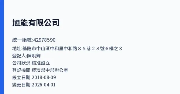 旭能有限公司的照片-統編 42978590(基隆市) 公司登記資料與營業項目詳細圖表