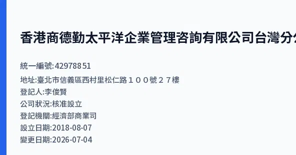香港商德勤太平洋企業管理咨詢有限公司台灣分公司的照片-統編 42978851(臺北市) 公司登記資料與營業項目詳細圖表