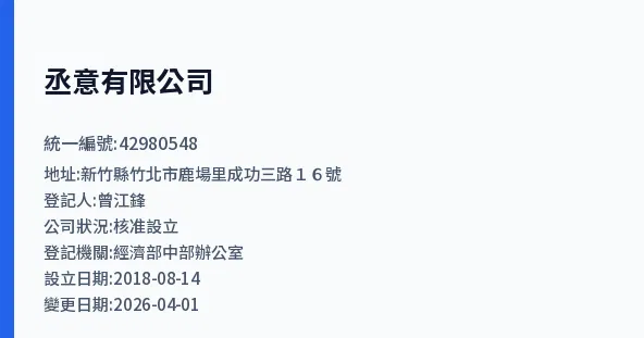 丞意有限公司的照片-統編 42980548(新竹縣) 公司登記資料與營業項目詳細圖表