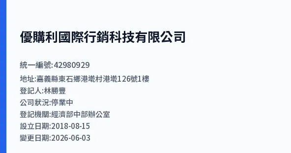 優購利國際行銷科技有限公司的照片-統編 42980929(嘉義縣) 公司登記資料與營業項目詳細圖表