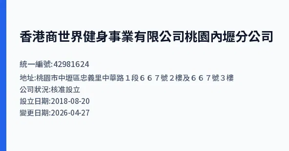 香港商世界健身事業有限公司桃園內壢分公司的照片-統編 42981624(桃園市) 公司登記資料與營業項目詳細圖表