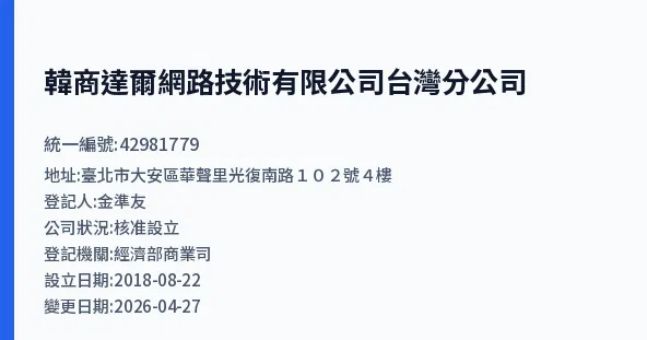 韓商達爾網路技術有限公司台灣分公司的照片-統編 42981779(臺北市) 公司登記資料與營業項目詳細圖表