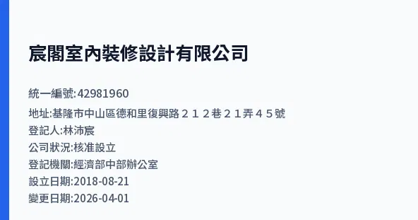 宸閣室內裝修設計有限公司的照片-統編 42981960(基隆市) 公司登記資料與營業項目詳細圖表