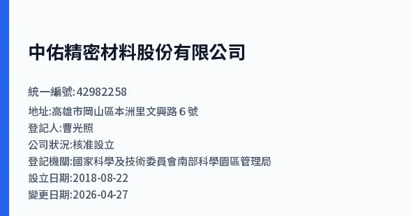 中佑精密材料股份有限公司的照片-統編 42982258(高雄市) 公司登記資料與營業項目詳細圖表