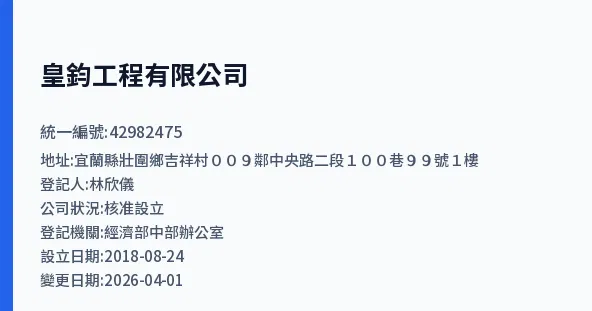 皇鈞工程有限公司的照片-統編 42982475(宜蘭縣) 公司登記資料與營業項目詳細圖表