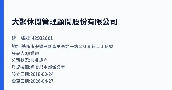 大聚休閒管理顧問股份有限公司的照片-統編 42982601(基隆市) 公司登記資料與營業項目詳細圖表