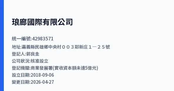 琅廊國際有限公司的照片-統編 42983571(嘉義縣) 公司登記資料與營業項目詳細圖表