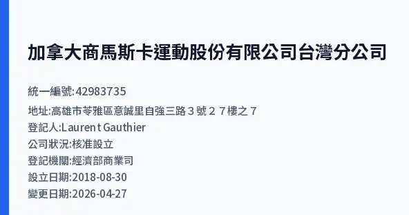 加拿大商馬斯卡運動股份有限公司台灣分公司的照片-統編 42983735(高雄市) 公司登記資料與營業項目詳細圖表