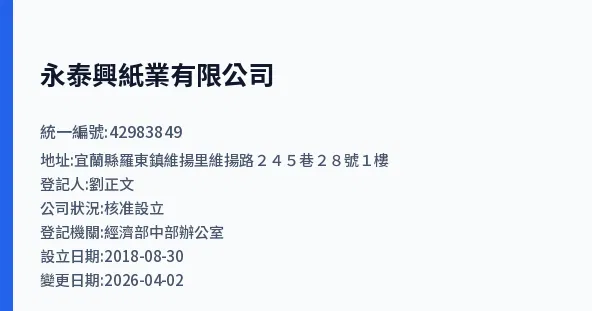 永泰興紙業有限公司的照片-統編 42983849(宜蘭縣) 公司登記資料與營業項目詳細圖表