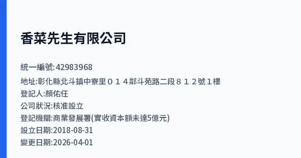 香菜先生有限公司的照片-統編 42983968(彰化縣) 公司登記資料與營業項目詳細圖表