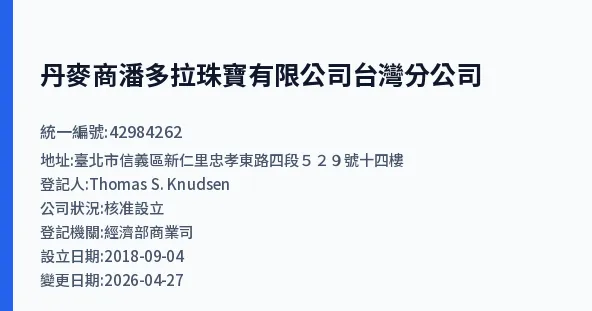 丹麥商潘多拉珠寶有限公司台灣分公司的照片-統編 42984262(臺北市) 公司登記資料與營業項目詳細圖表