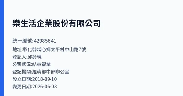 樂生活企業股份有限公司的照片-統編 42985641(彰化縣) 公司登記資料與營業項目詳細圖表