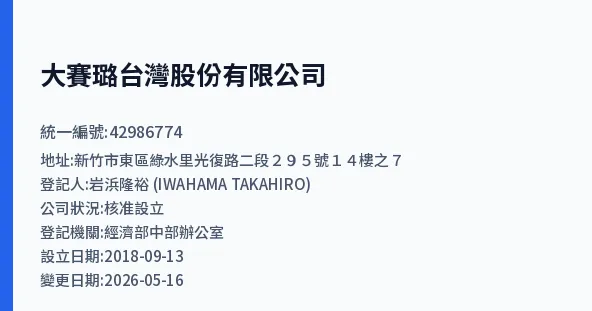 大賽璐台灣股份有限公司的照片-統編 42986774(新竹市) 公司登記資料與營業項目詳細圖表