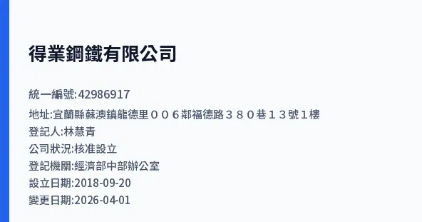 得業鋼鐵有限公司的照片-統編 42986917(宜蘭縣) 公司登記資料與營業項目詳細圖表