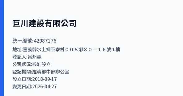巨川建設有限公司的照片-統編 42987176(嘉義縣) 公司登記資料與營業項目詳細圖表
