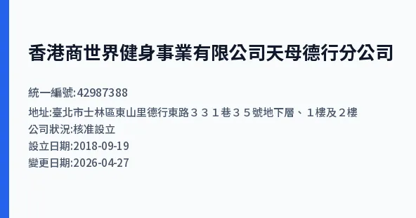 香港商世界健身事業有限公司天母德行分公司的照片-統編 42987388(臺北市) 公司登記資料與營業項目詳細圖表
