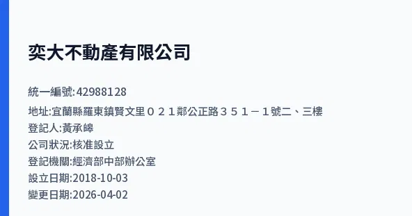 奕大不動產有限公司的照片-統編 42988128(宜蘭縣) 公司登記資料與營業項目詳細圖表