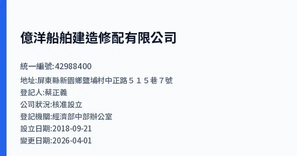 億洋船舶建造修配有限公司的照片-統編 42988400(屏東縣) 公司登記資料與營業項目詳細圖表