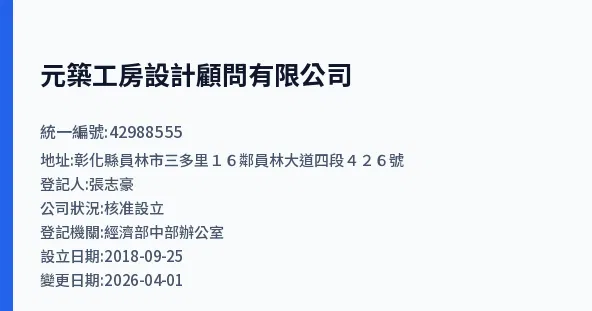 元築工房設計顧問有限公司的照片-統編 42988555(彰化縣) 公司登記資料與營業項目詳細圖表