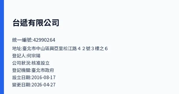 台遞有限公司的照片-統編 42990264(臺北市) 公司登記資料與營業項目詳細圖表