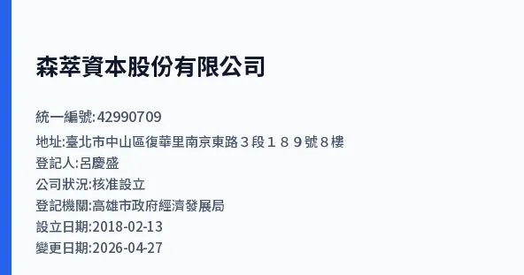 森萃資本股份有限公司的照片-統編 42990709(臺北市) 公司登記資料與營業項目詳細圖表