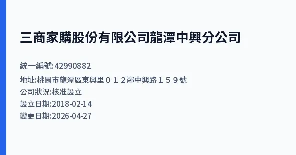 三商家購股份有限公司龍潭中興分公司的照片-統編 42990882(桃園市) 公司登記資料與營業項目詳細圖表