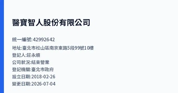 醫寶智人股份有限公司的照片-統編 42992642(臺北市) 公司登記資料與營業項目詳細圖表