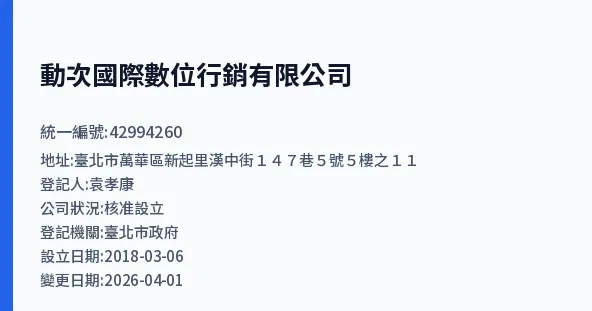 動次國際數位行銷有限公司的照片-統編 42994260(臺北市) 公司登記資料與營業項目詳細圖表