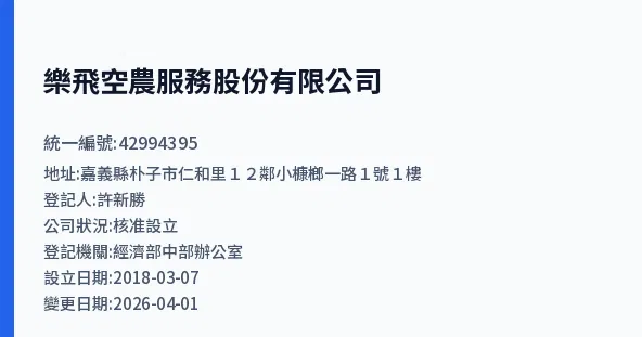 樂飛空農服務股份有限公司的照片-統編 42994395(嘉義縣) 公司登記資料與營業項目詳細圖表