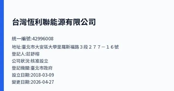 台灣恆利聯能源有限公司的照片-統編 42996008(臺北市) 公司登記資料與營業項目詳細圖表