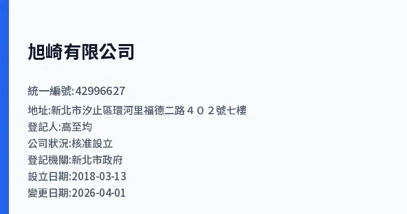 旭崎有限公司的照片-統編 42996627(新北市) 公司登記資料與營業項目詳細圖表