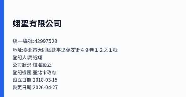 翊聖有限公司的照片-統編 42997528(臺北市) 公司登記資料與營業項目詳細圖表