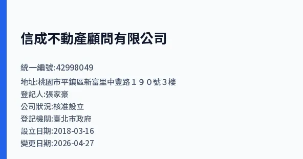 信成不動產顧問有限公司的照片-統編 42998049(桃園市) 公司登記資料與營業項目詳細圖表