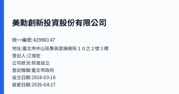 美勳創新投資股份有限公司的照片-統編 42998147(臺北市) 公司登記資料與營業項目詳細圖表