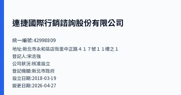 連捷國際行銷諮詢股份有限公司的照片-統編 42998809(新北市) 公司登記資料與營業項目詳細圖表