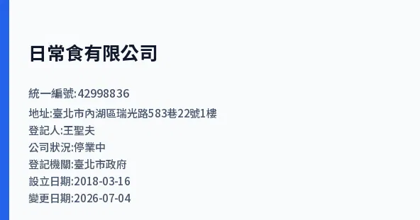 日常食有限公司的照片-統編 42998836(臺北市) 公司登記資料與營業項目詳細圖表