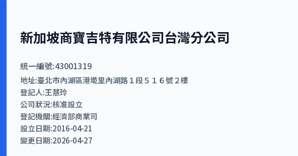 新加坡商寶吉特有限公司台灣分公司的照片-統編 43001319(臺北市) 公司登記資料與營業項目詳細圖表