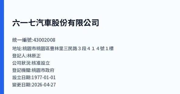 六一七汽車股份有限公司的照片-統編 43002008(桃園市) 公司登記資料與營業項目詳細圖表