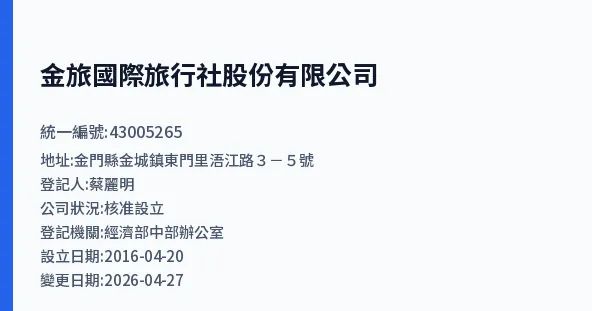 金旅國際旅行社股份有限公司的照片-統編 43005265(金門縣) 公司登記資料與營業項目詳細圖表
